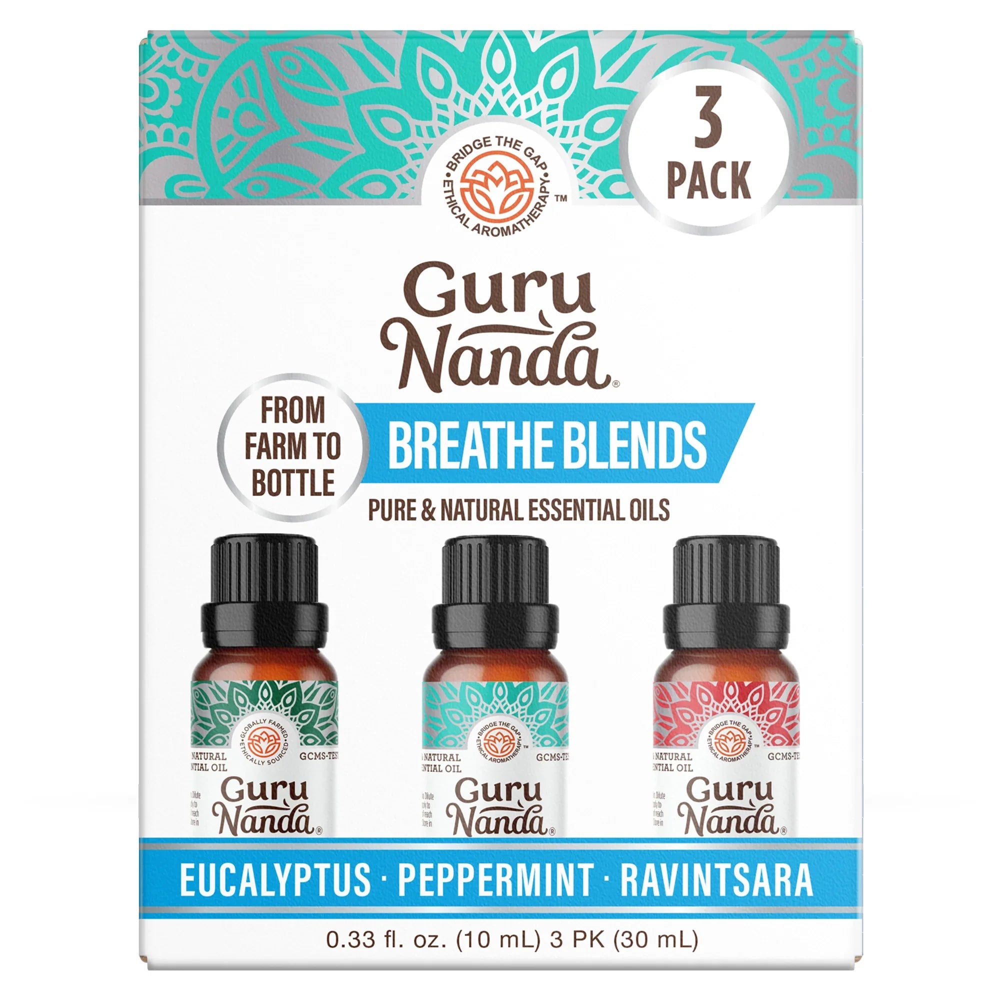 GuruNanda's Breathe Essential Oils Trio Set, 100% Pure & Natural