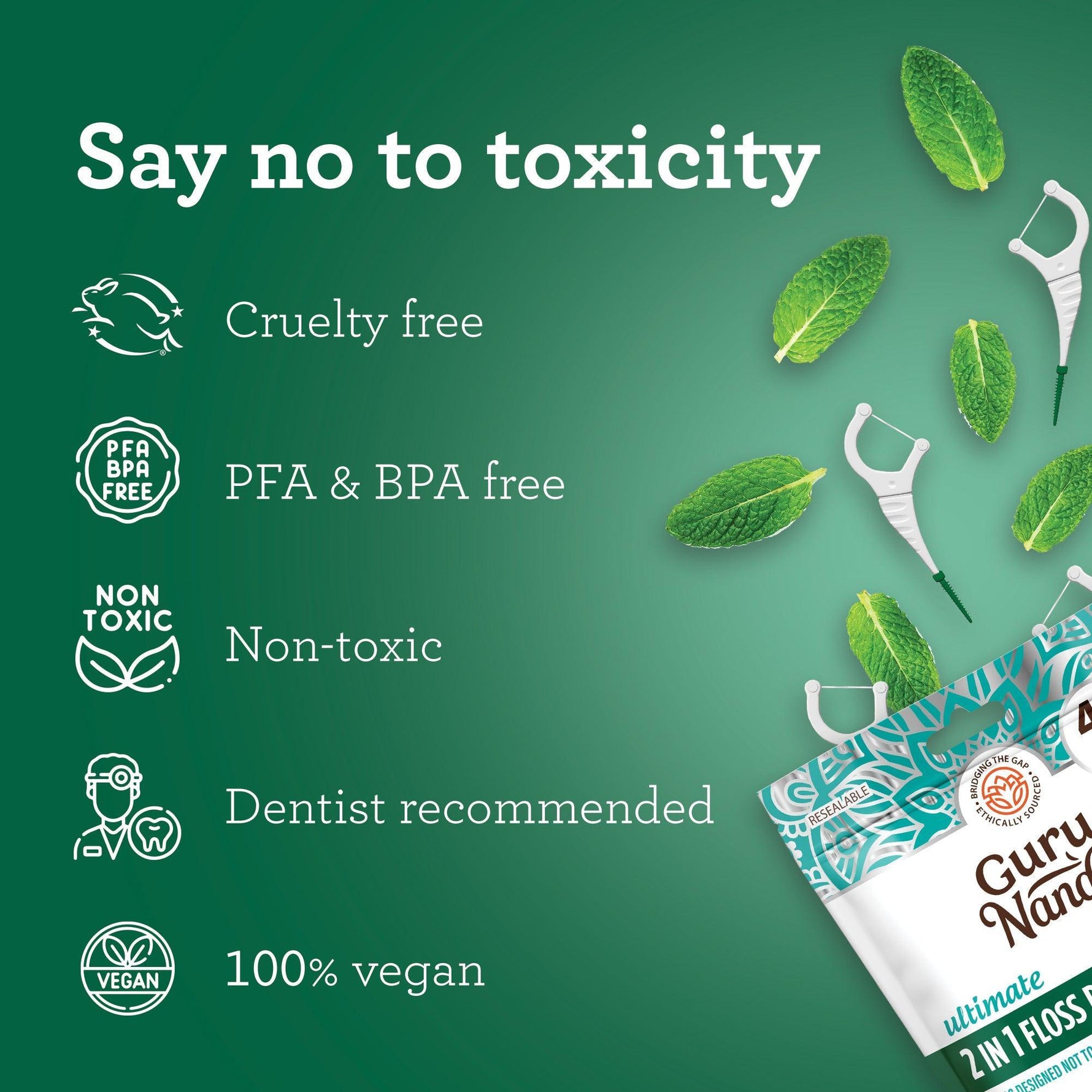 GuruNanda Floss Picks: 2-In-1 Dental Floss Picks, 40 Ct, Mint Flavor