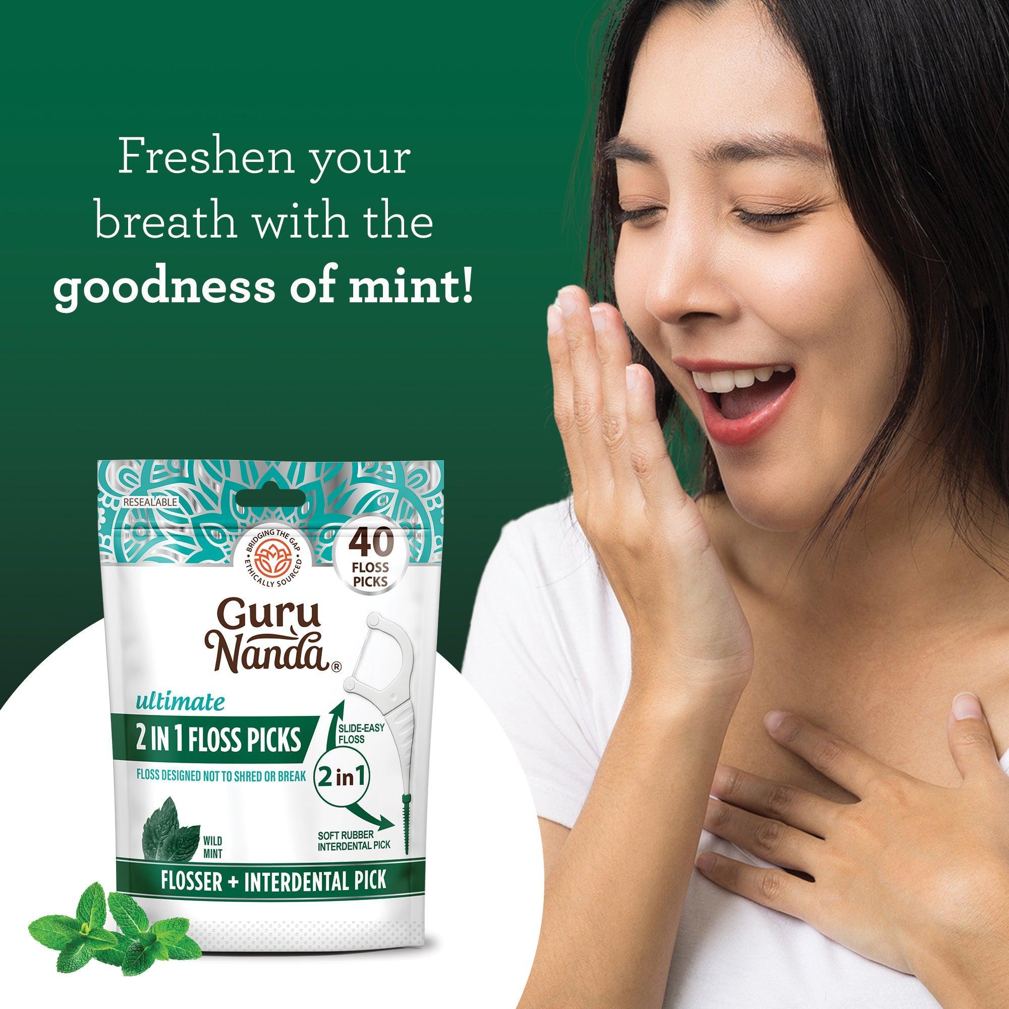 GuruNanda Floss Picks: 2-In-1 Dental Floss Picks, 40 Ct, Mint Flavor
