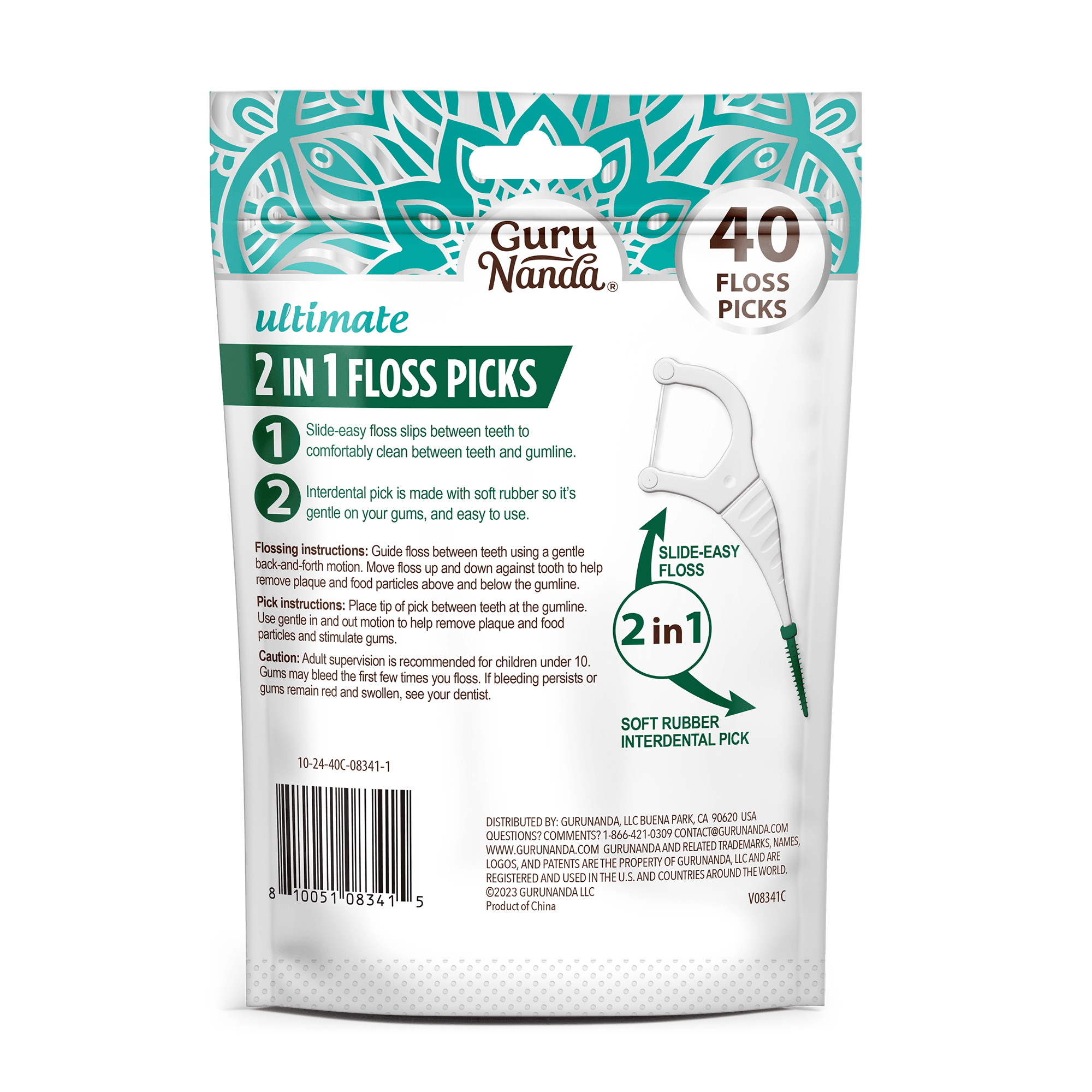 GuruNanda Floss Picks: 2-In-1 Dental Floss Picks, 40 Ct, Mint Flavor