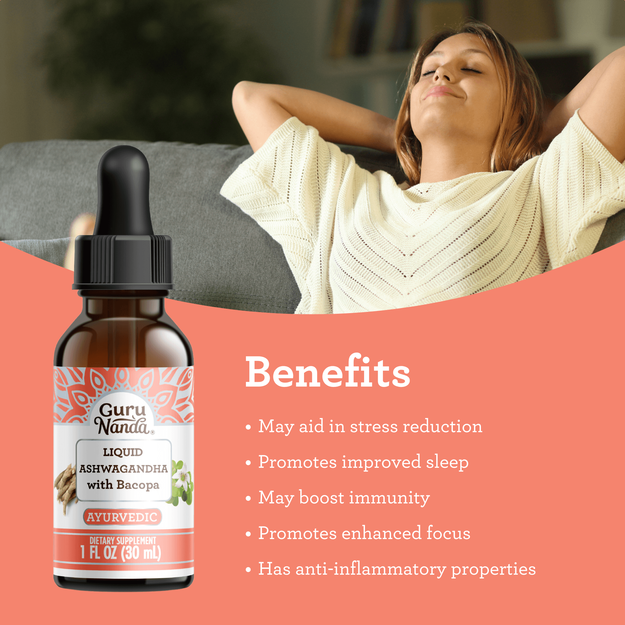 GuruNanda Liquid Ashwagandha With Bacopa Extract, Promotes Calming- 1 OZ