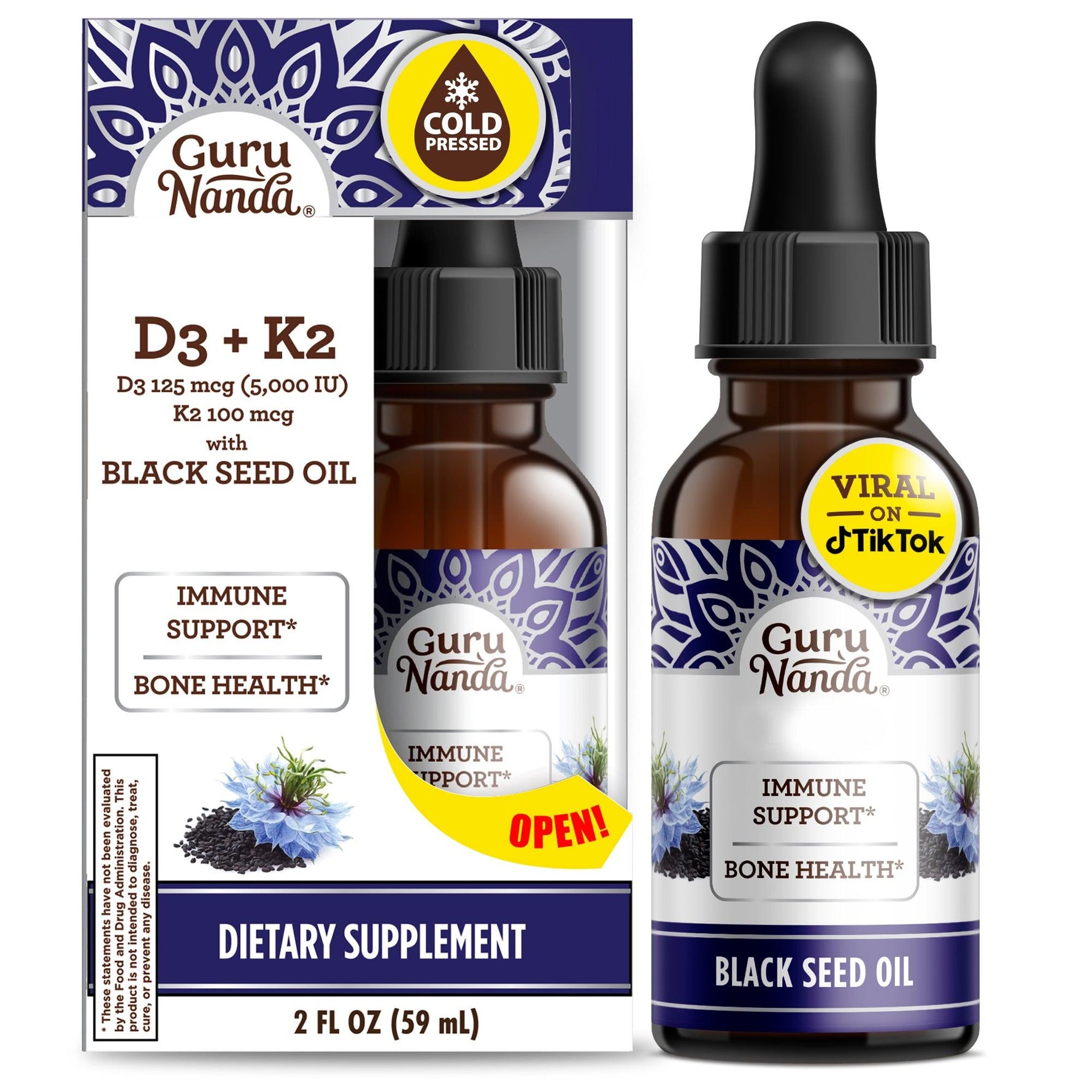 Cold Pressed Black Seed Oil With Vitamin D3, K2 By GuruNanda, 2 Oz