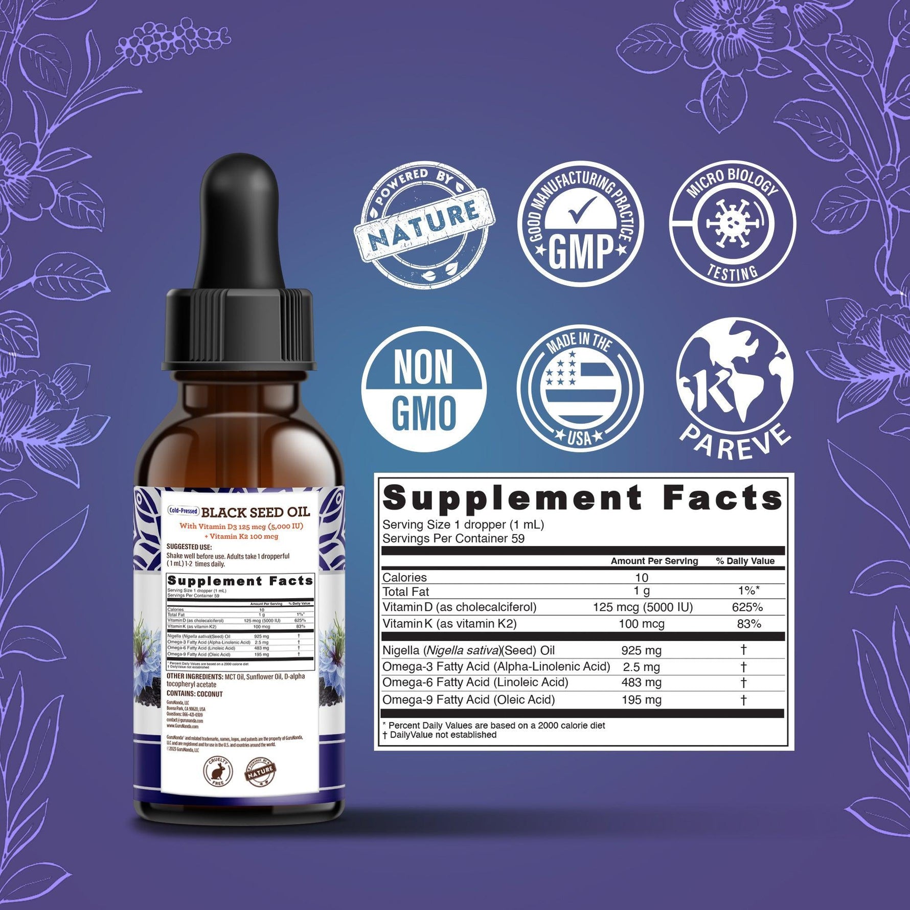 Cold Pressed Black Seed Oil With Vitamin D3, K2 By GuruNanda, 2 Oz