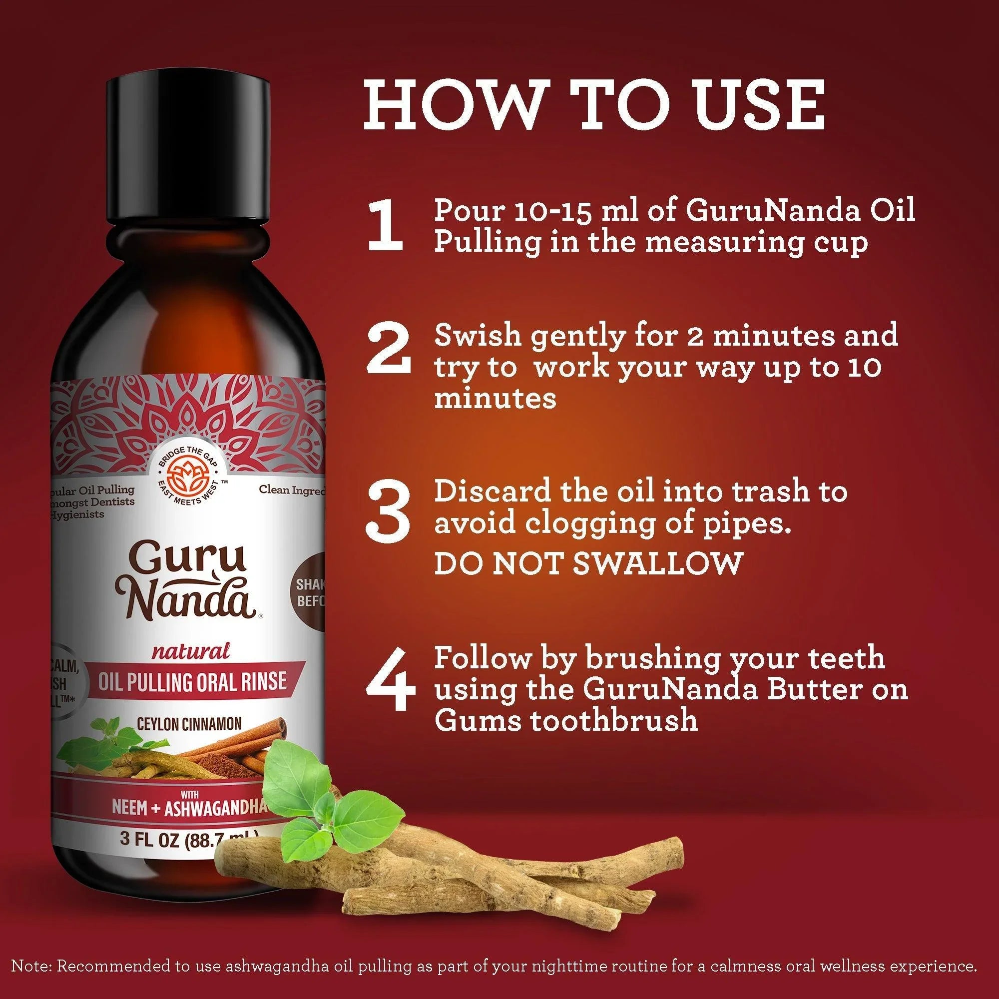 Travel Size GuruNanda Ashwagandha Cinnamon Neem Oil Pulling - 3Oz