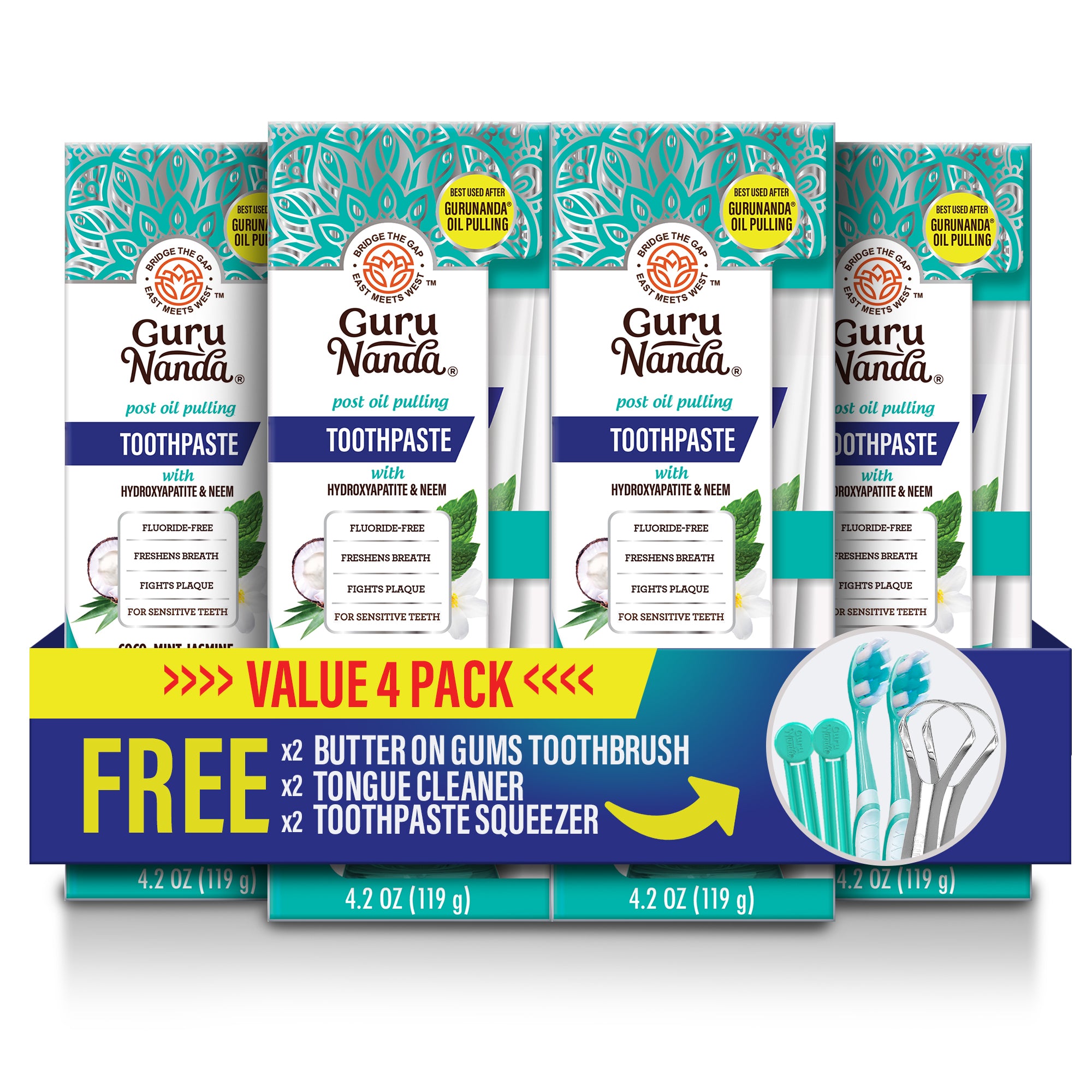 Fluoride-Free Whitening Toothpaste With Hydroxyapatite - 4 Pack | GuruNanda
