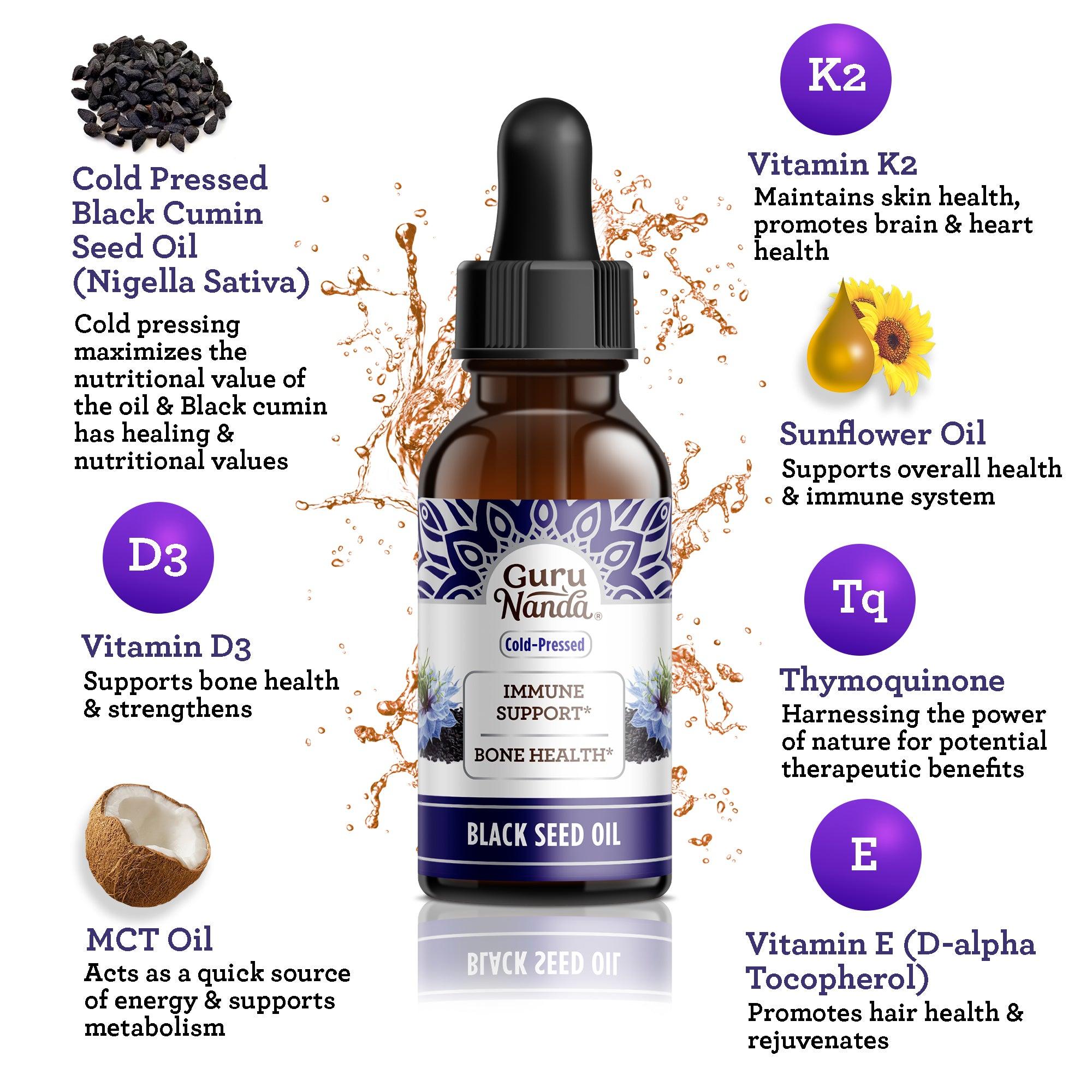 Gurunanda Cold Pressed Black Seed Oil | Vitamin D3, K2, E & MCT Oil