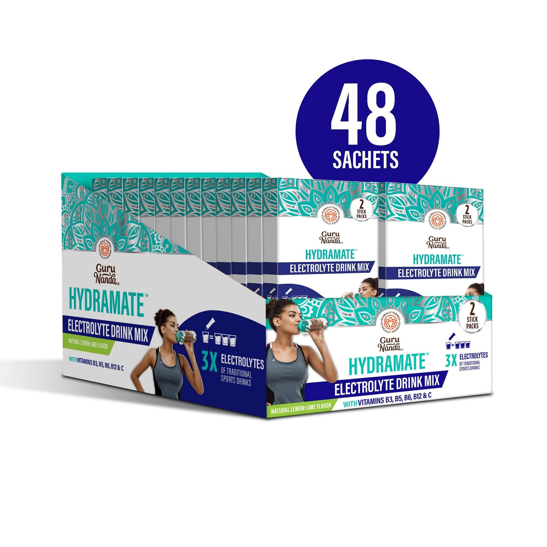 GuruNanda Hydramate Hydration Support Drink Mix, Lemon Lime, 48 Ct