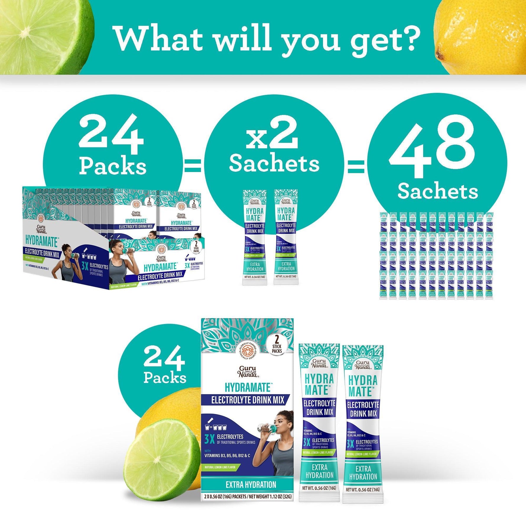 Hydramate Hydration Support Drink Mix By GuruNanda, Lemon Lime, 24 Pk