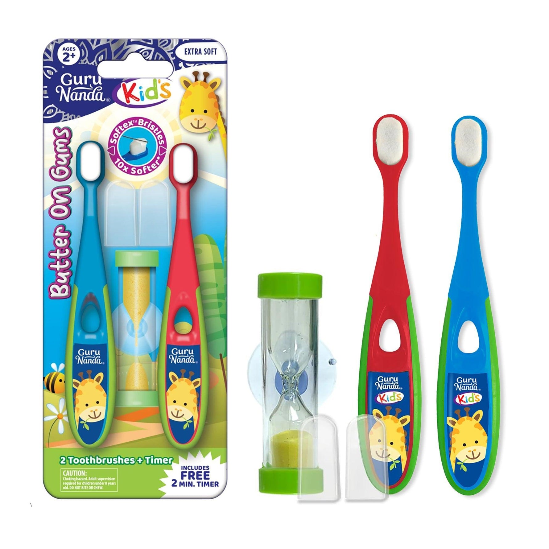 GuruNanda Kids Butter On Gums Toddler Toothbrush Set With Timer, 2 Pk
